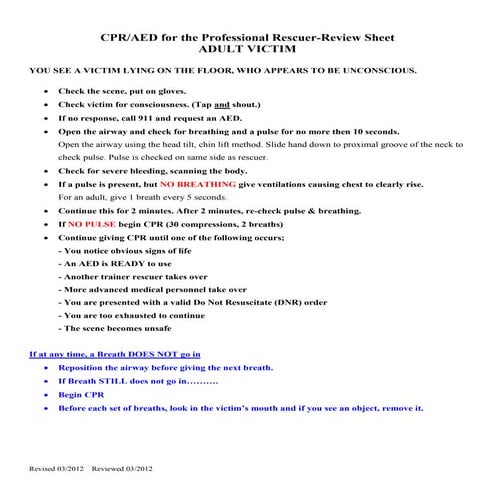 Cpr aed review sheet | PDF