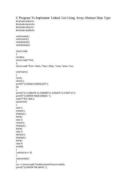 C Program To Implement Linked List Using Array Abstract Data Type Pdf 3235
