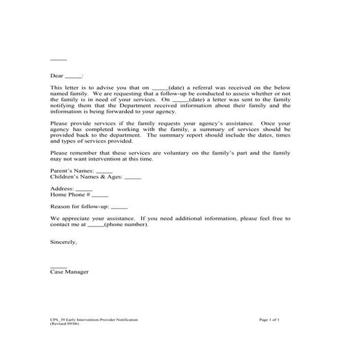 Cps 39 early intervention letter provider notification | DOC