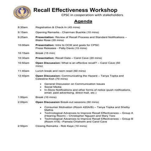 CPSC Recall Effectiveness Workshop Agenda | PDF