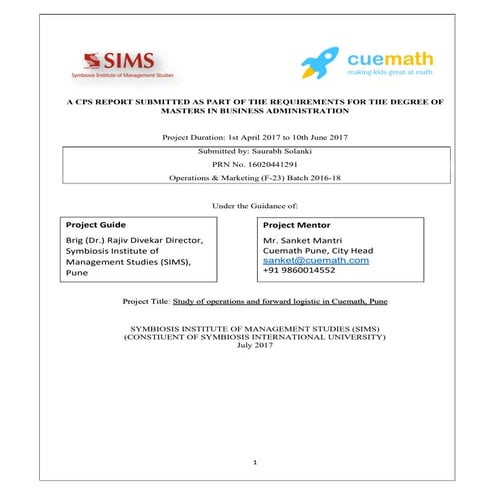 Cps report Document , Summer internship, MBA, Operations, Forward ...