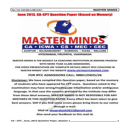 CPT Accounts Model MCQs for All chapters | PDF