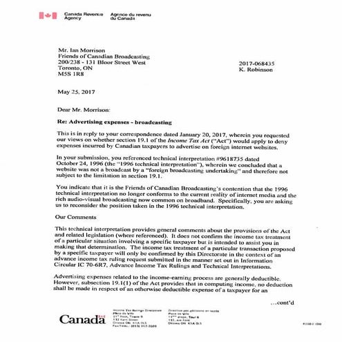 CRA letter to FRIENDS regarding digital advertising expenses | PDF