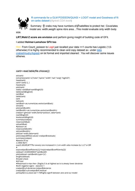 Crabs Dataset Glm Poisson And Logistic Model Pdf 6210
