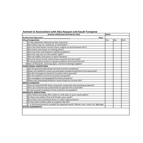 Crane received on site inspection log | PDF