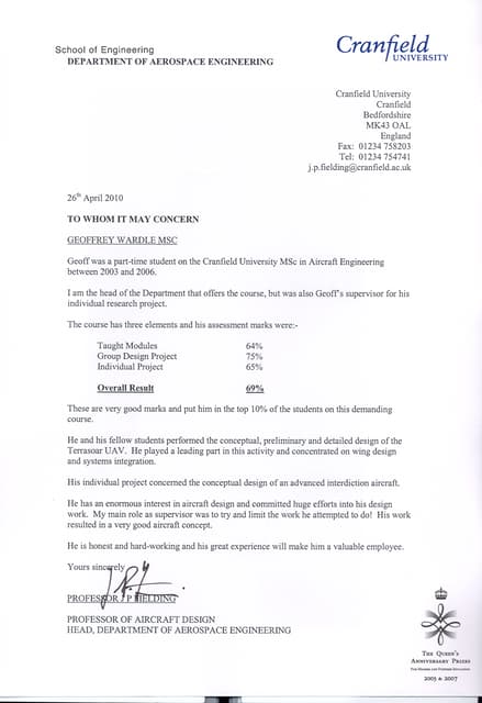 MSc in Aircraft Engineering award confirmation letter | PDF