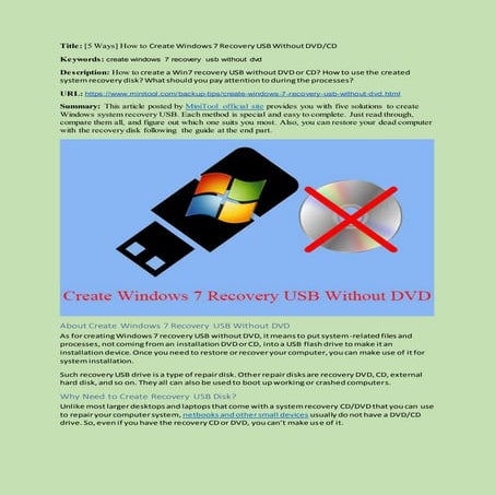 Create windows 7 recovery usb without dvd | DOCX