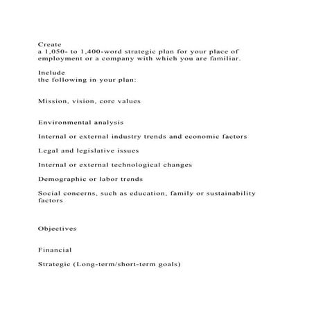 Create a 1,050- to 1,400-word strategic plan for your place of e | DOCX