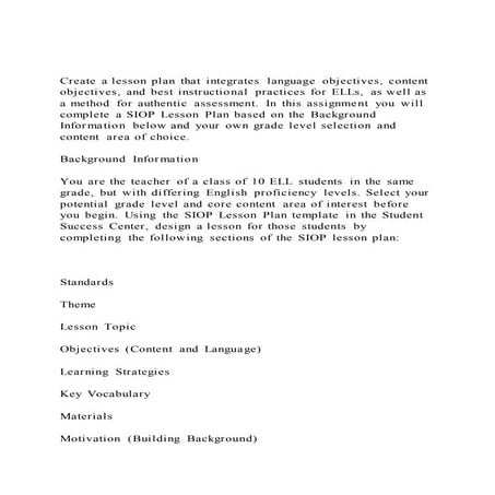 Create a lesson plan that integrates language objectives, conten | PDF