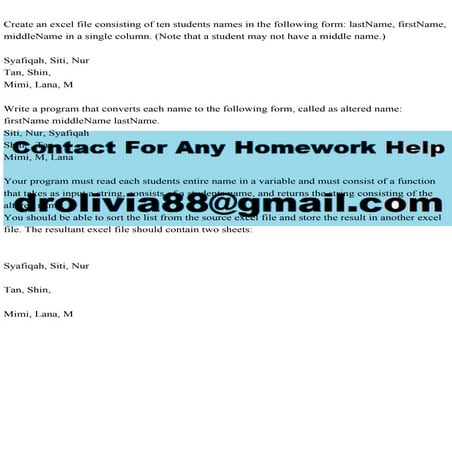 Create an excel file consisting of ten students names in the follow.pdf