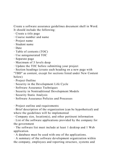 Create A Software Assurance Guidelines Document Shell In Word Idocx Operating Systems