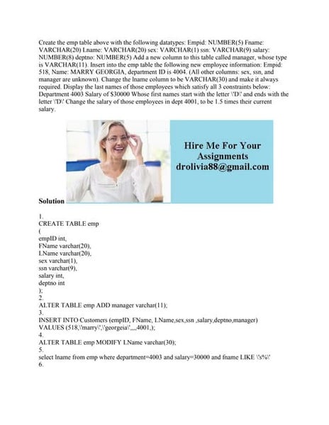 Create The Emp Table Above With The Following Datatypes Empid Numbedocx