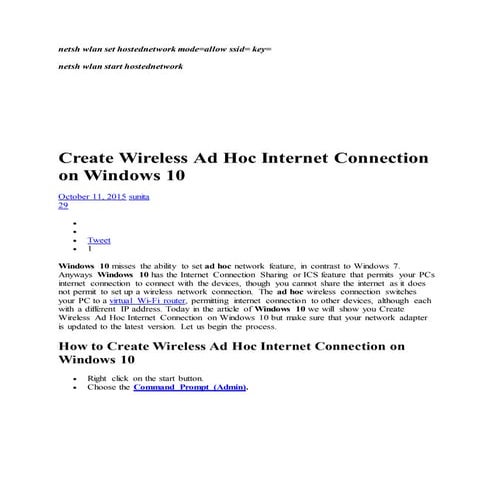 Create Wireless Ad Hoc Internet Connection On Windows 10 Pdf