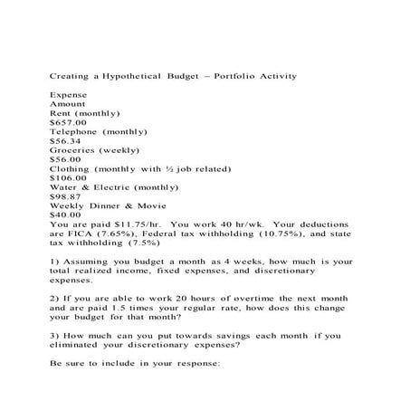 Creating a Hypothetical Budget – Portfolio ActivityExpense | DOCX