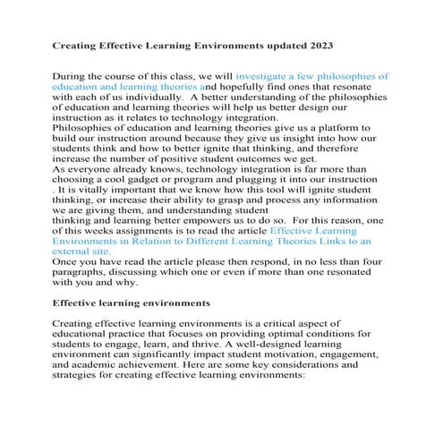 Creating Effective Learning Environments Updated 2023 Document 18 Docx