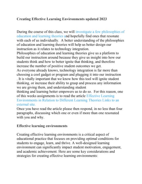 Creating Effective Learning Environments Updated 2023 Document 18 Docx