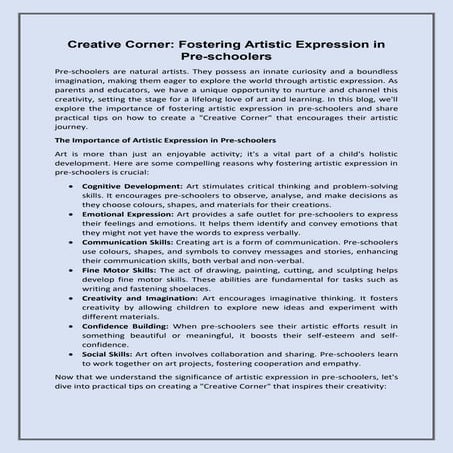 Creative Corner Fostering Artistic Expression in Preschoolers | PDF