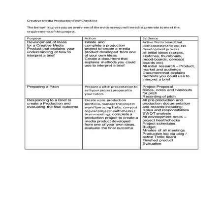 Creative media production fmp checklist | DOCX