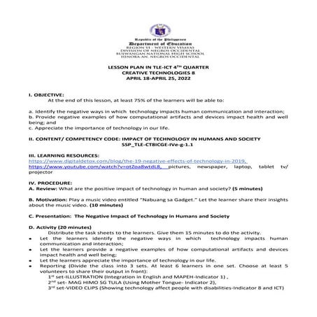 Creative Tech Grade 8 LP 4th quarter The Negative Impact of Technology ...