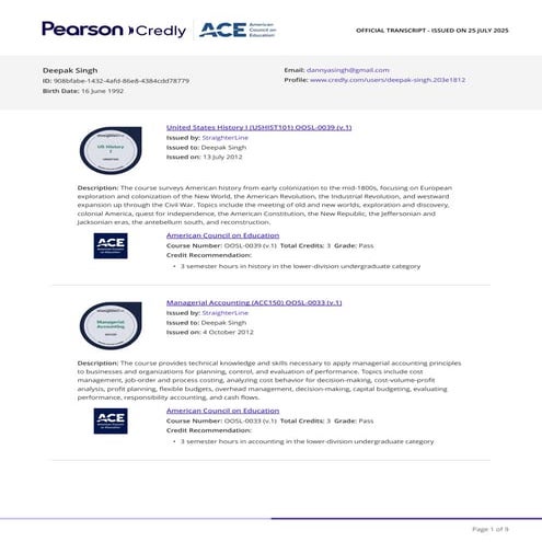 Credly by Pearson Transcript of Deepak Danny Singh July 25, 2025 | PDF