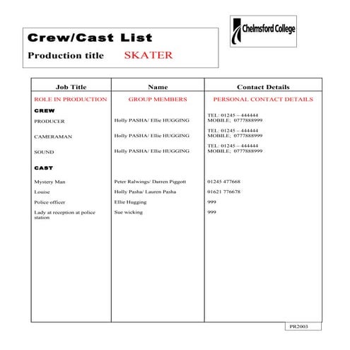 Crew cast list | DOC
