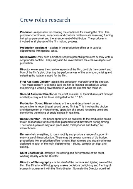 Job roles in film production | PPTX | Video Production | Content Production