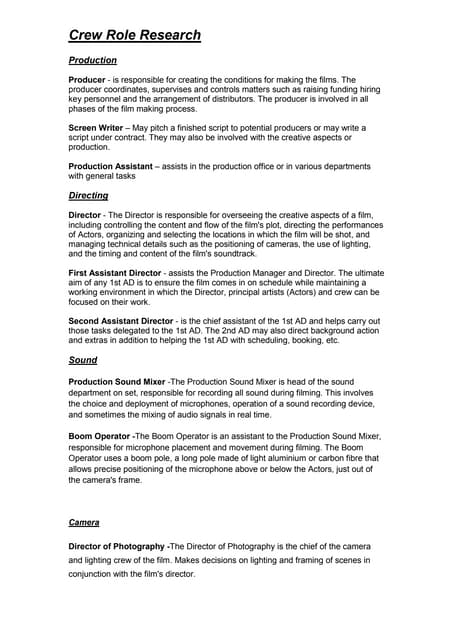Job roles in film production | PPTX | Video Production | Content Production