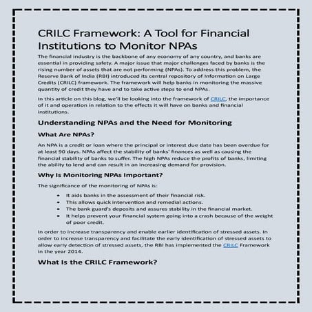 CRILC Framework: A Tool for Financial Institutions to Monitor NPAs | PDF