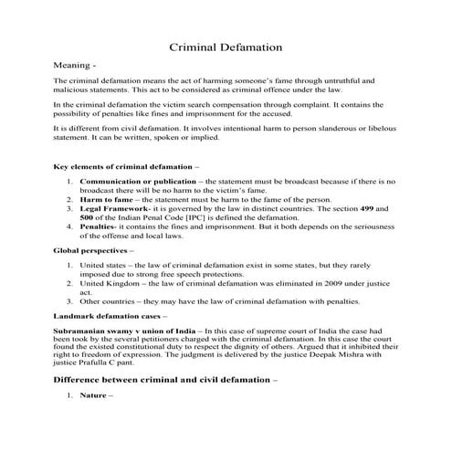 Criminal Defamation and civil defamation | PDF