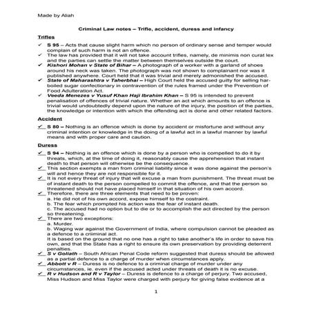 Criminal law notes - Trifles, accident and duress | PDF