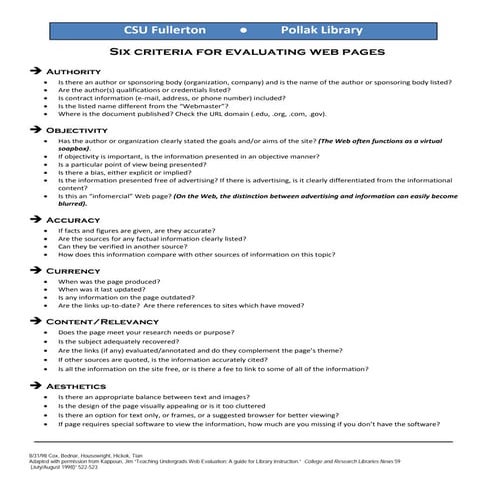 Criteria for evaluating web pages | PDF