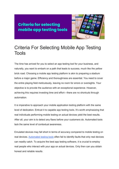 Criteria For Selecting Mobile App Testing Tools Pdf