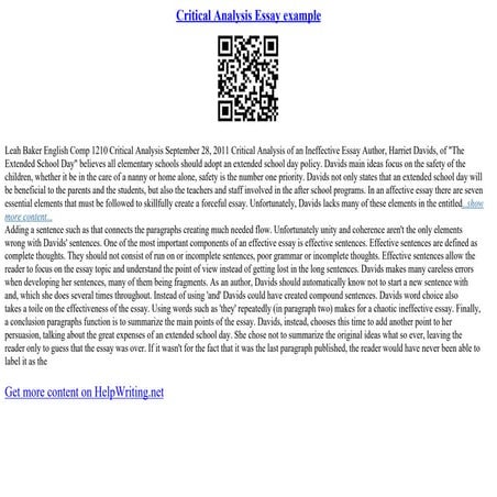 Critical Analysis Essay Example | PDF | Homework and Study | Education
