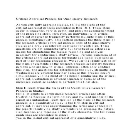 Critical Appraisal Process for Quantitative ResearchAs you cri.docx