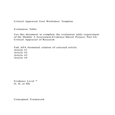 Critical Appraisal Tool Worksheet TemplateEvaluation Tab | PDF