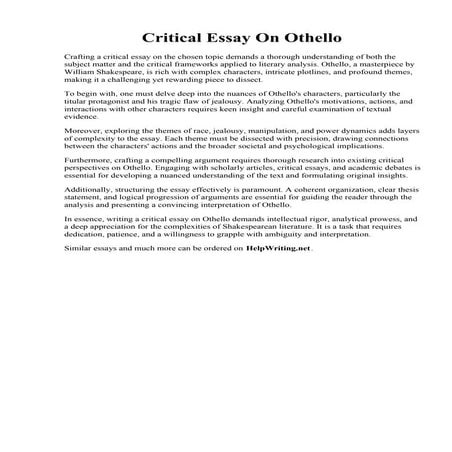 Critical Essay On Othello. Othello Essay English Advanced - Year 11 HSC Thinkswap | PDF