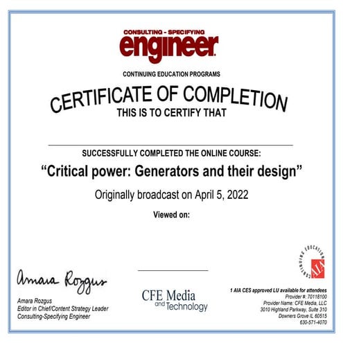 Certificate of Completion "Critical Power - Generators and their Design ...