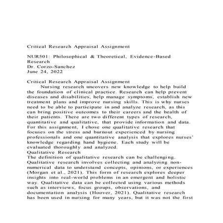 Critical Research Appraisal AssignmentNUR501 Philosophi | DOCX