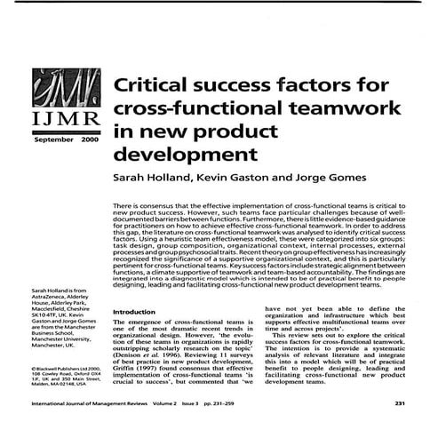 Critical success factors for cross functional teamwork in new product ...