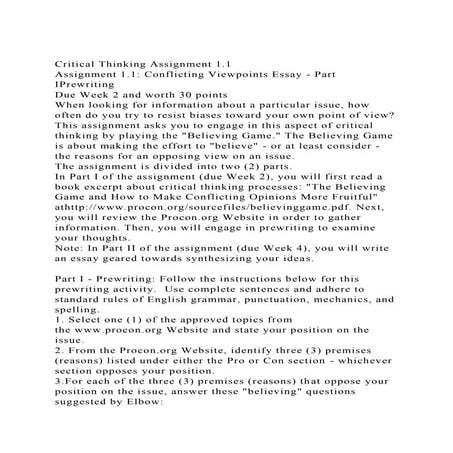 Critical Thinking Assignment 1 1assignment 1 1 Conflicting View Docx