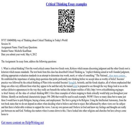 Critical Thinking Essay Examples | PDF
