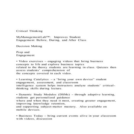 Critical ThinkingMyManagementLab™ Improves Student | DOCX