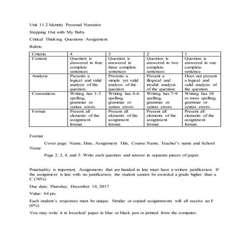 Stepping Out With My Baby Critical thinking questions rubric/criteria ...