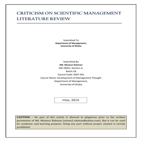Criticism on Scientific Management (Literature review based article) | PDF