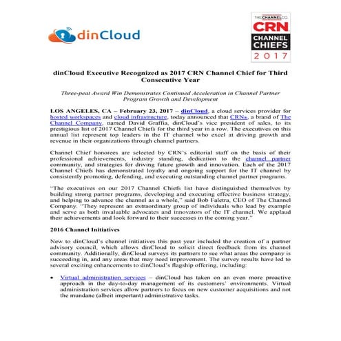 dinCloud Executive Recognized as 2017 CRN Channel Chief for Third ...