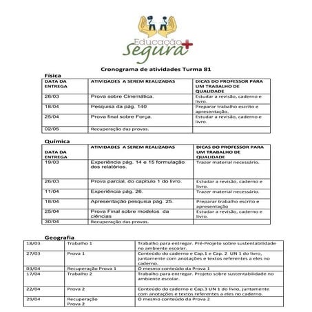 Cronograma de atividades turma 81 | PDF