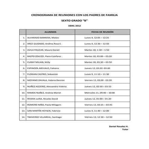 Plantilla De Calendario De Reuniones De Padres Y Maestros REGISTRO