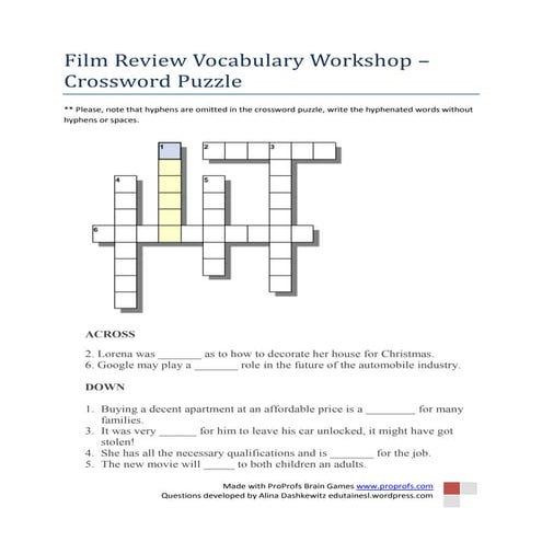 Crossword puzzle - Film Review Vocabulary Workshop | PDF