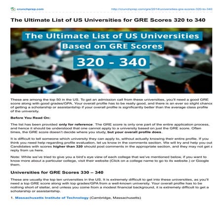 The Ultimate List of Top US Universities based on GRE Scores 320 to 340 | PDF