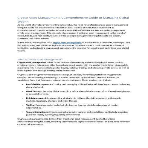 Crypto Asset Management: A Comprehensive Guide to Managing Digital Wealth | PDF